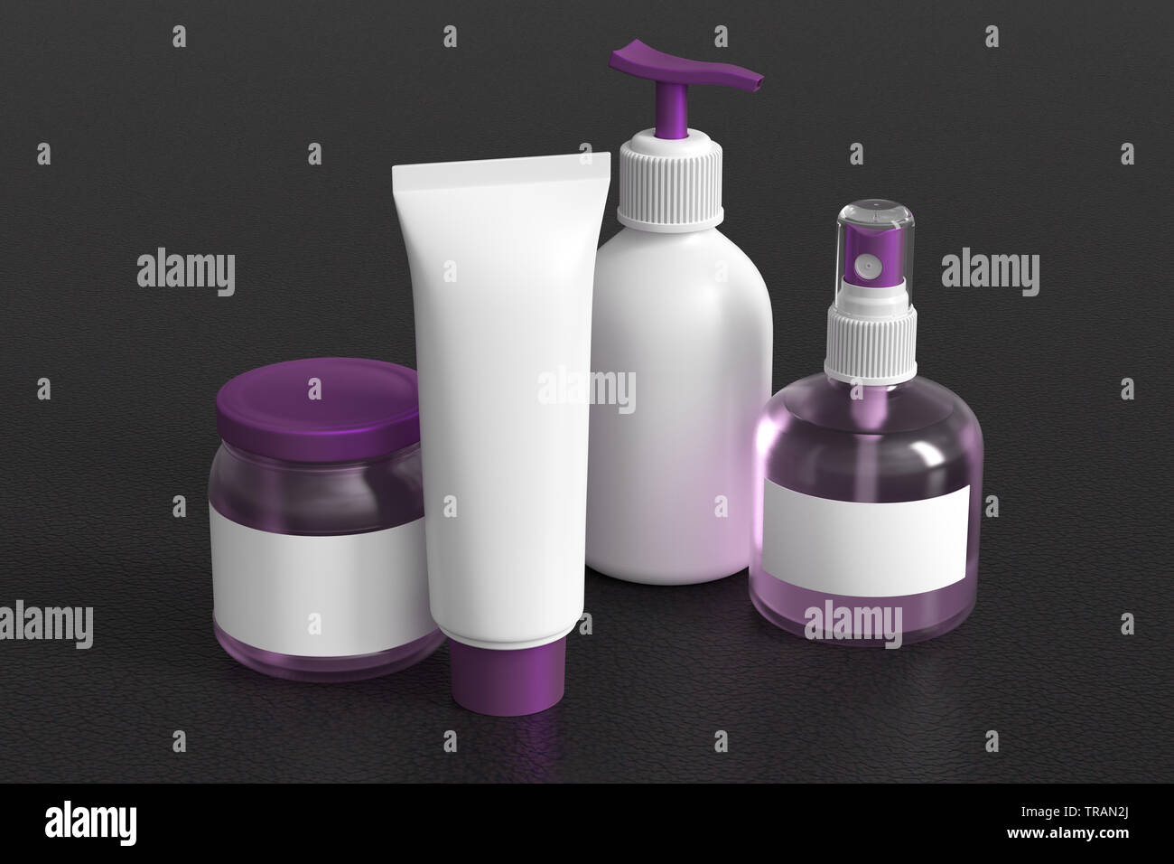 Cosmetic bottles set. Magenta spray, cream, tube, gel and lotion. Set ...