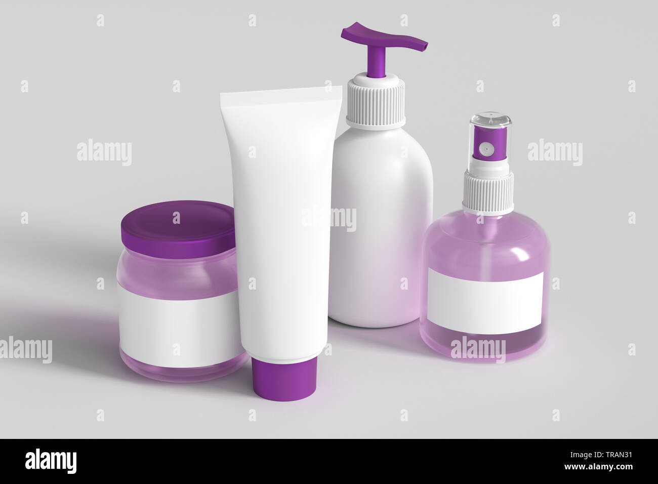 Cosmetic bottles set. Magenta spray, cream, tube, gel and lotion. Set ...