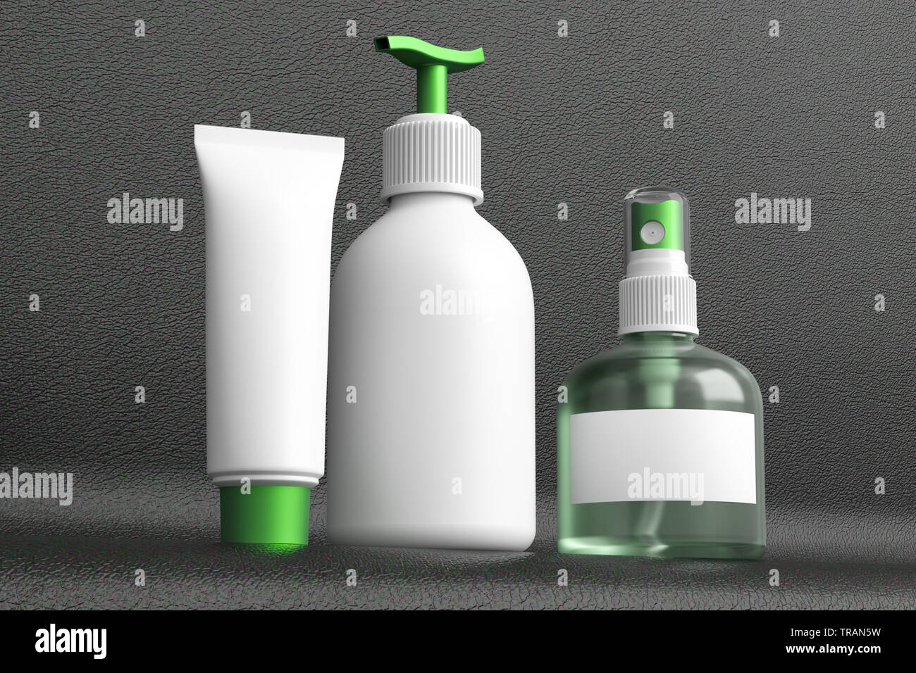 Cosmetic bottles set. Green spray, cream, tube, gel and lotion. Set of ...