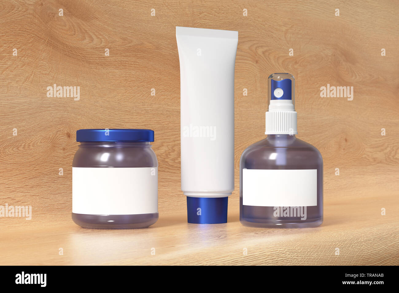 Cosmetic bottles set. Blue spray, cream, tube, gel and lotion. Set of ...