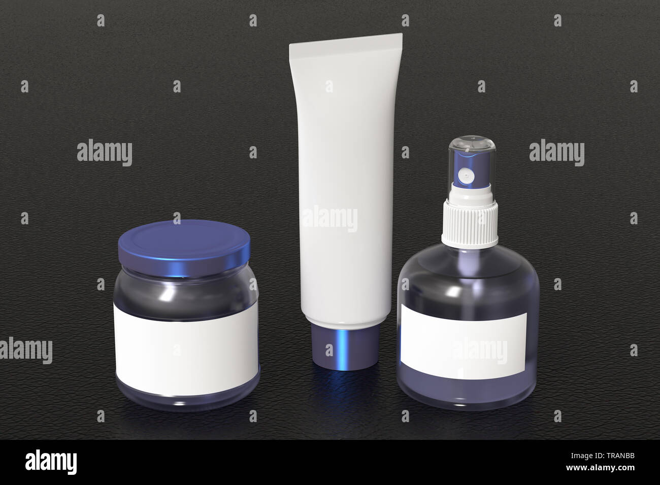Cosmetic bottles set. Blue spray, cream, tube, gel and lotion. Set of ...