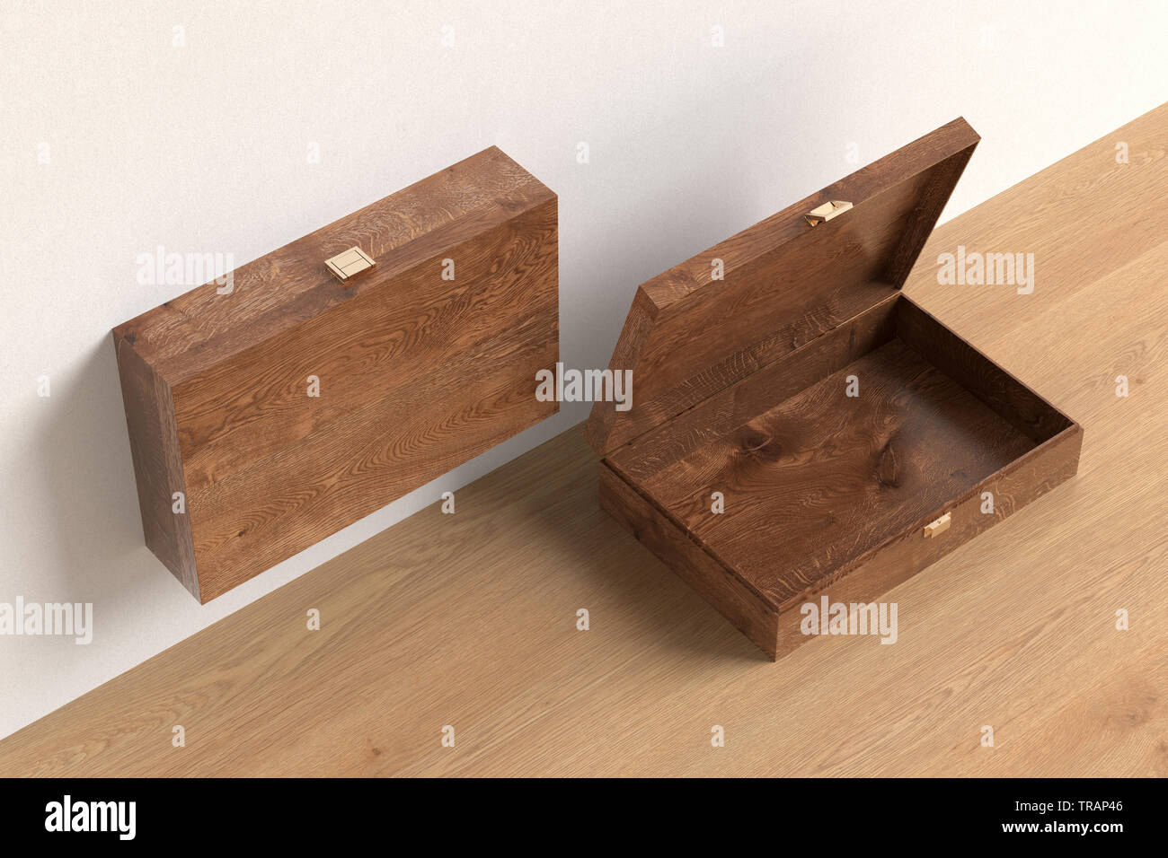 Open and closed dark wooden gift long boxes or caskets in wooden corner ...