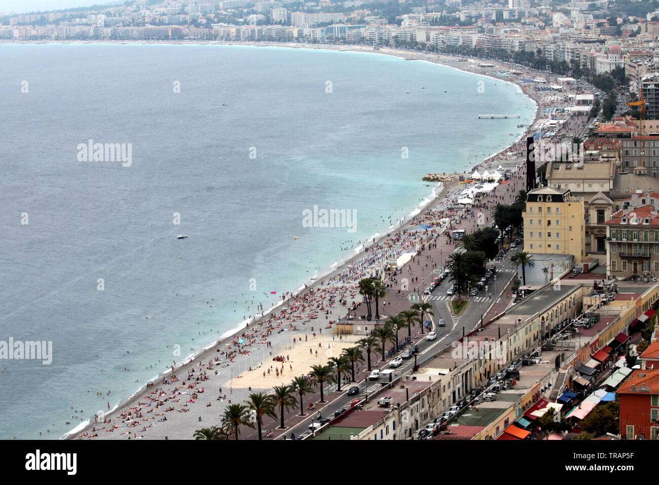Aerial perspective of the Mediterranean sea, beach and the Promenade ...