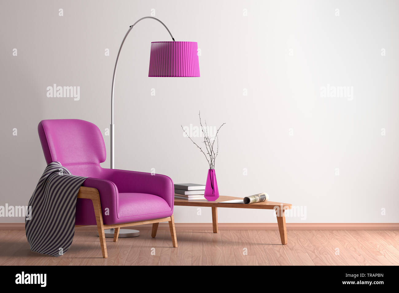 Interior of living room with cozy violet leather armchair with plaid ...