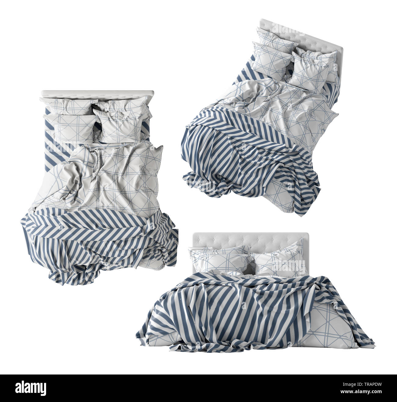 Set of views of unmade bed with duvet, bedding and pillows isolated on ...