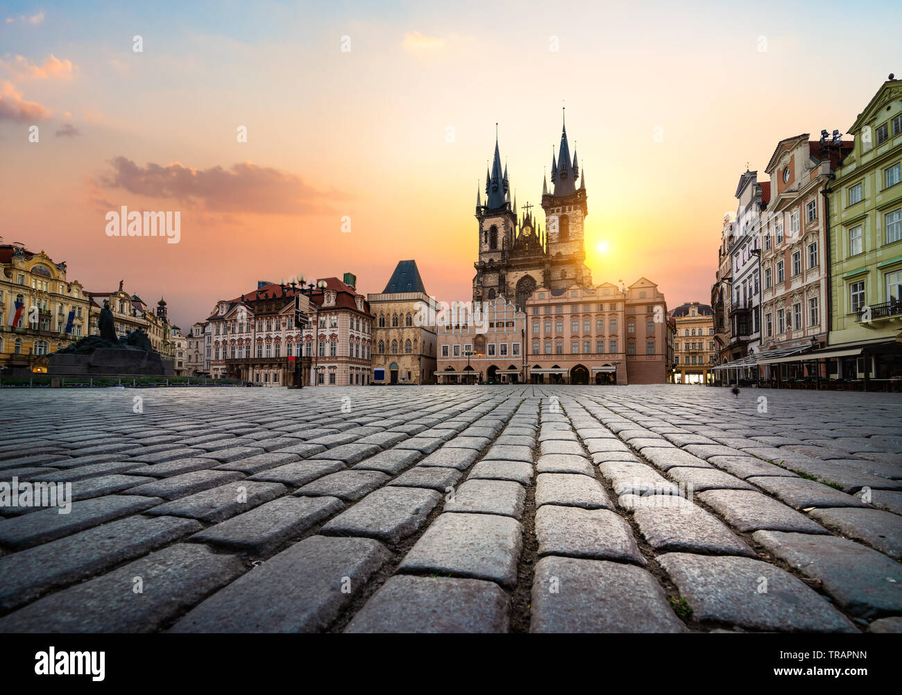 Staromestska square and Tynsky Temple in Prague at sunrise Stock Photo ...