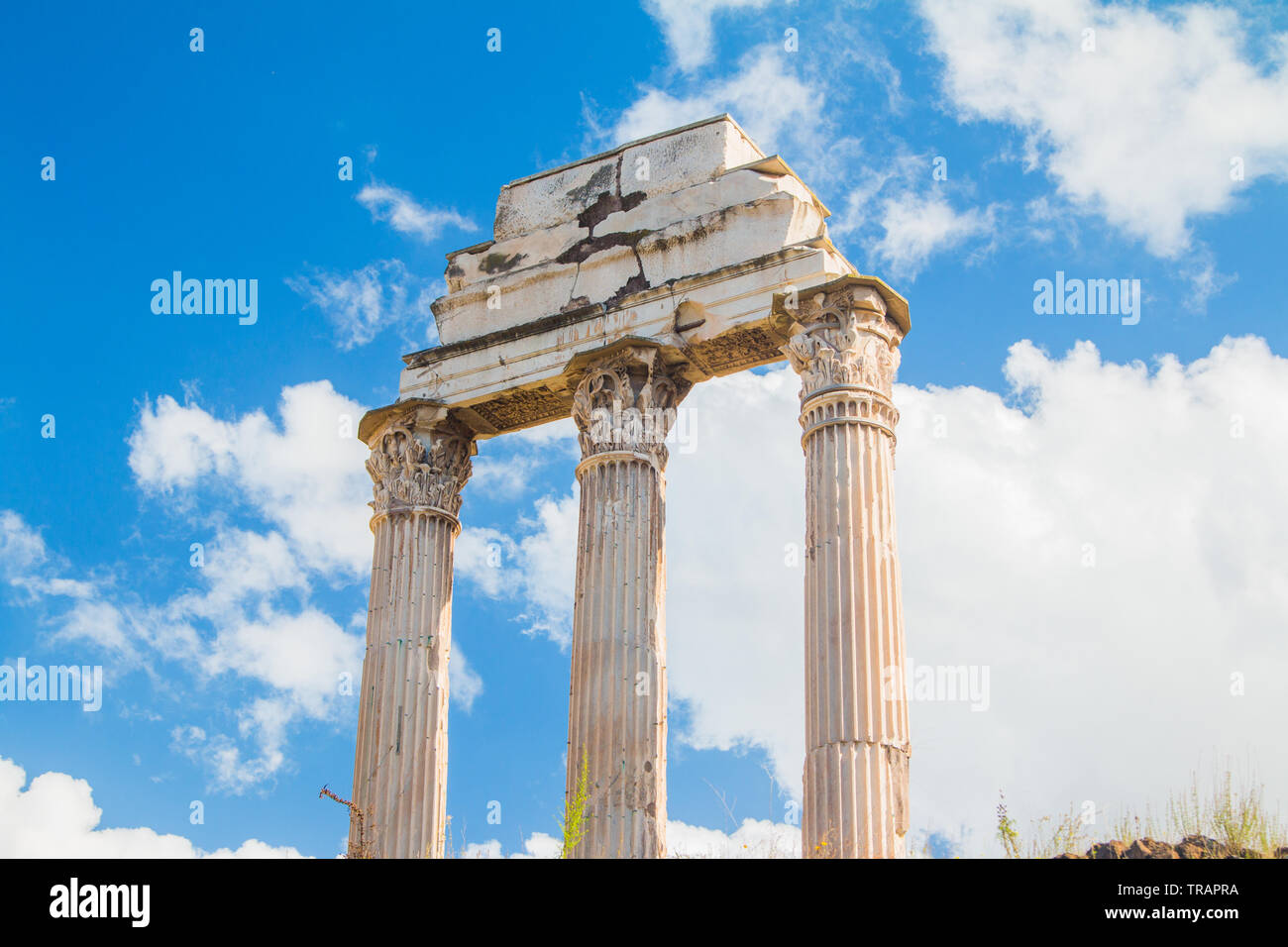Ruins of Roman empire. Columns of temple of Castor and Pollux on Roman ...