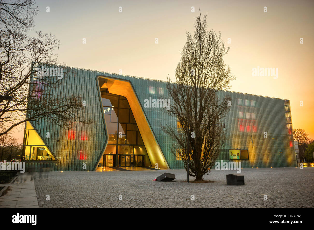 Poland, Warsaw: External night view of the POLIN Museum of the History ...