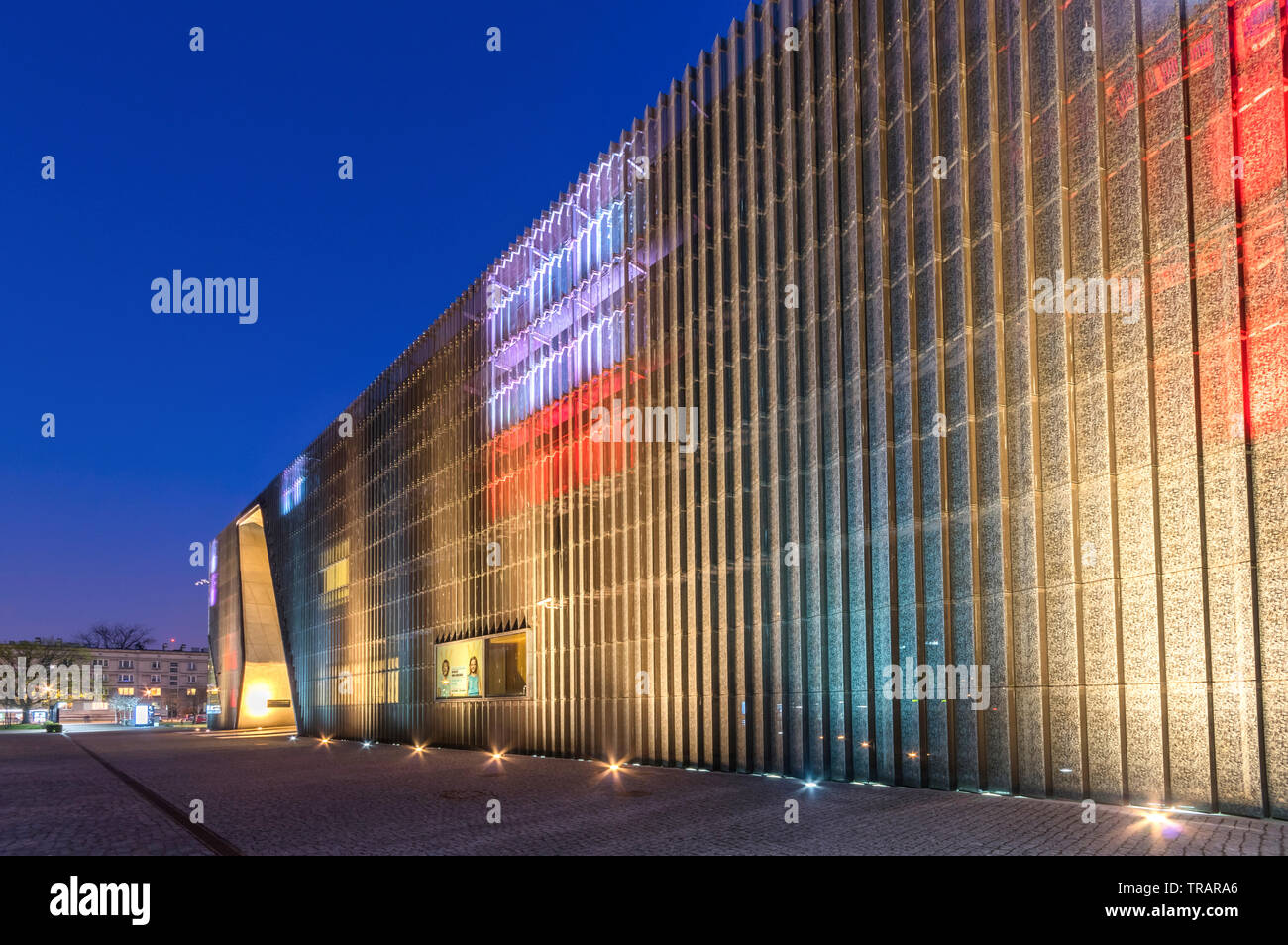 Poland, Warsaw: External night view of the POLIN Museum of the History ...
