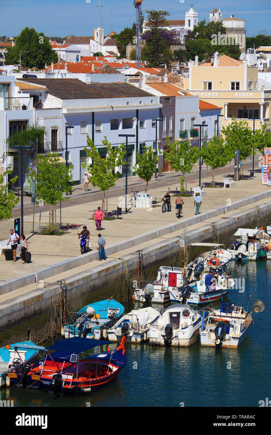 Portugal, Algarve, Tavira, skyline, Gilao River, boats, people Stock ...