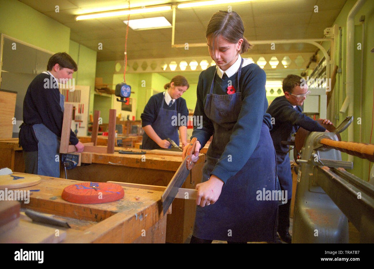 Teenage school children in a woodwork craft class in a Devon school ...