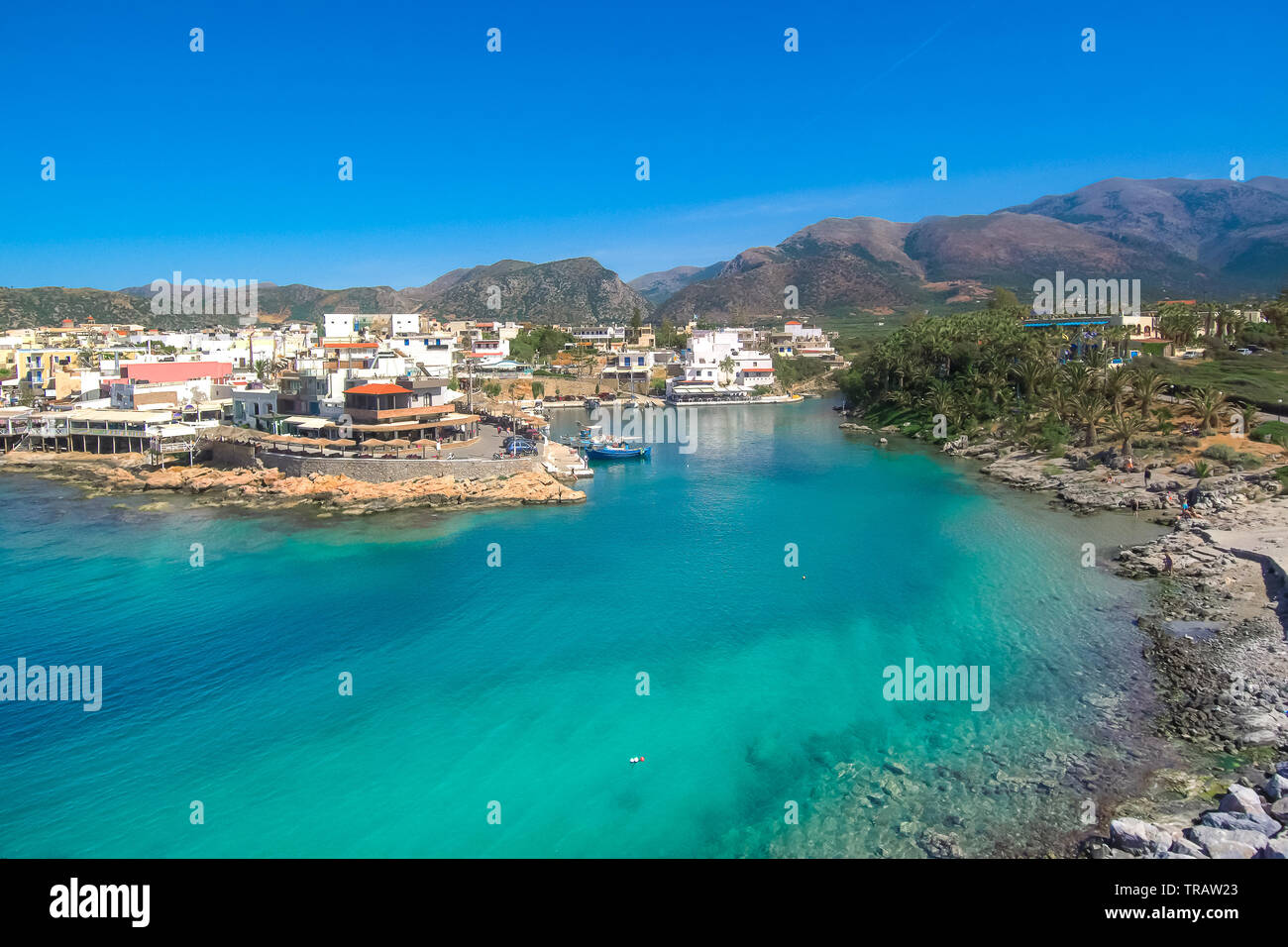 A nice spring view of the old harbor of traditional village Sisi, Crete ...