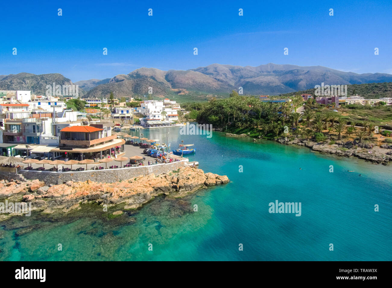 A nice spring view of the old harbor of traditional village Sisi, Crete ...