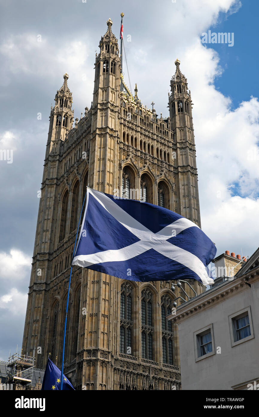 Scottish flag the Saltire flying in front of the Victoria Tower outside ...