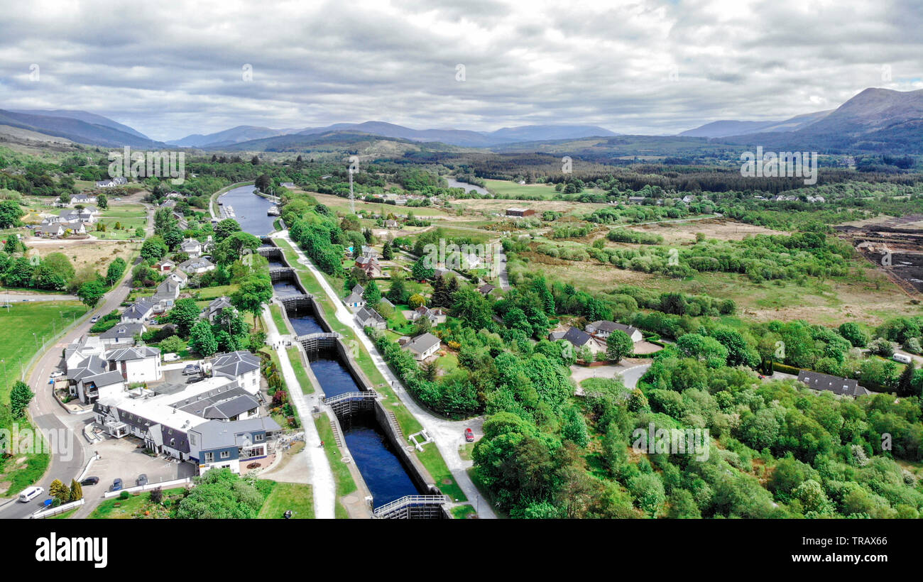 Neptune staircase locks, aerial view by drone at the Caledonian Canal ...