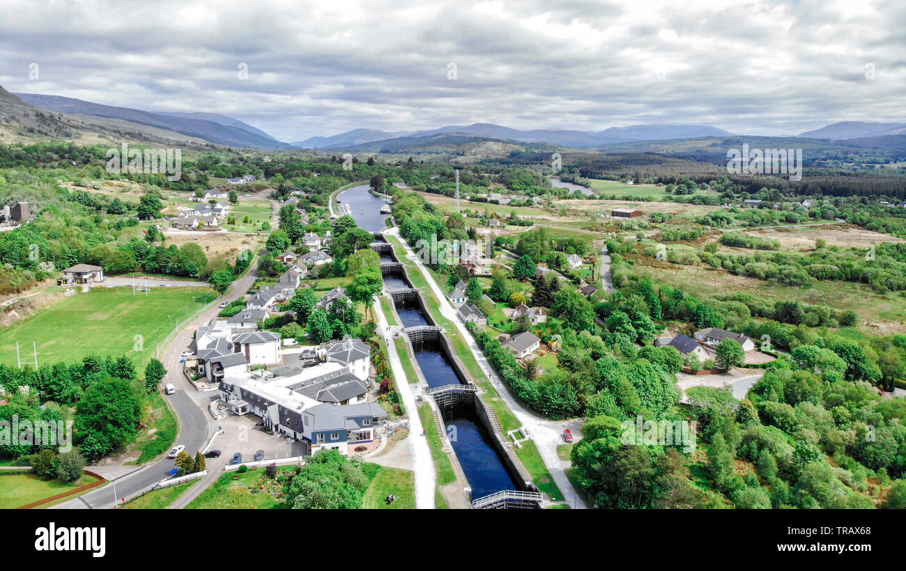 Neptune staircase locks, aerial view by drone at the Caledonian Canal ...