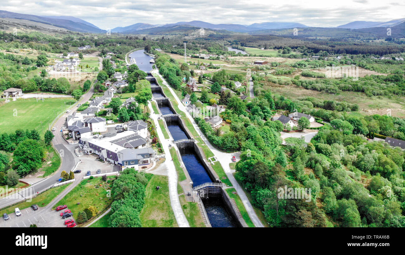 Neptune staircase locks, aerial view by drone at the Caledonian Canal ...