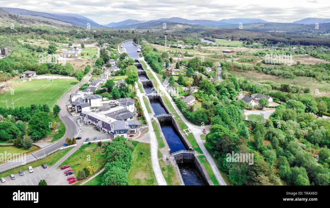 Neptune staircase locks, aerial view by drone at the Caledonian Canal ...