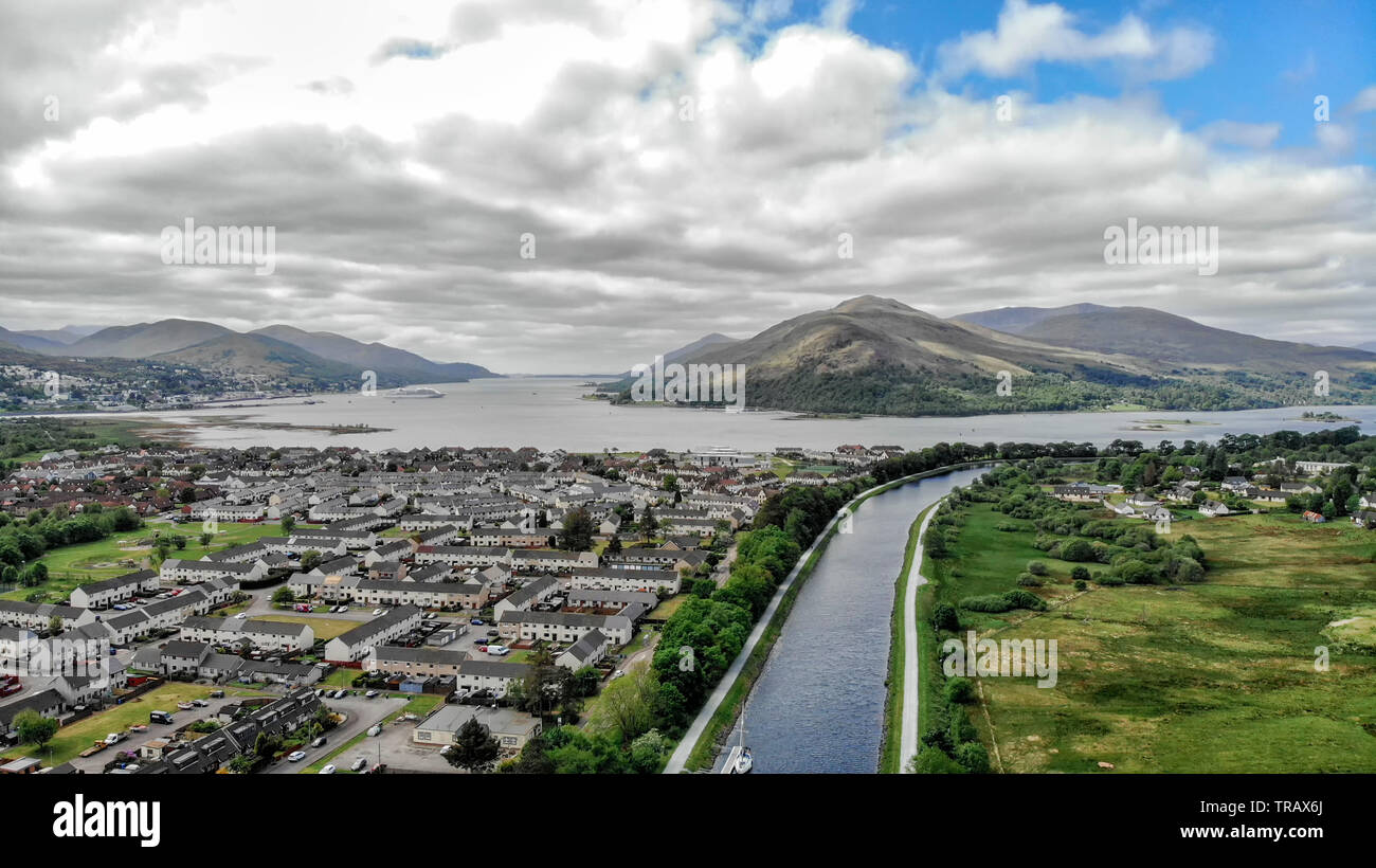 Neptune staircase locks, aerial view by drone at the Caledonian Canal ...