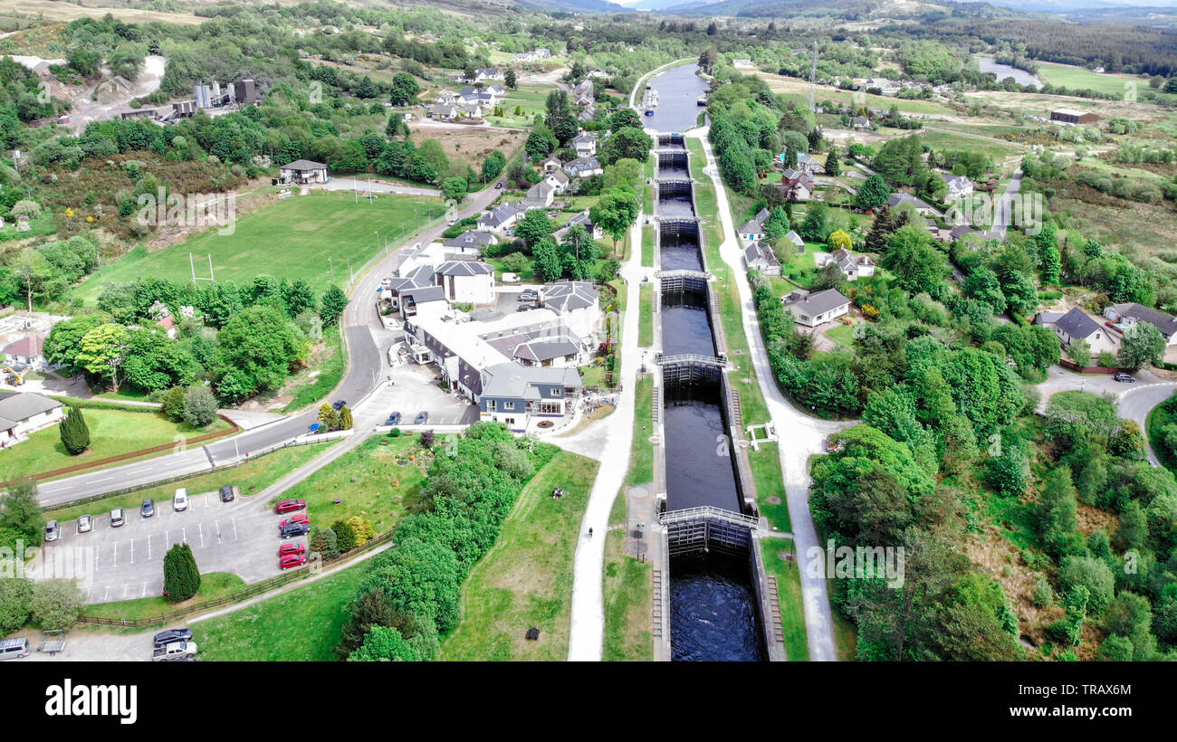 Neptune staircase locks, aerial view by drone at the Caledonian Canal ...