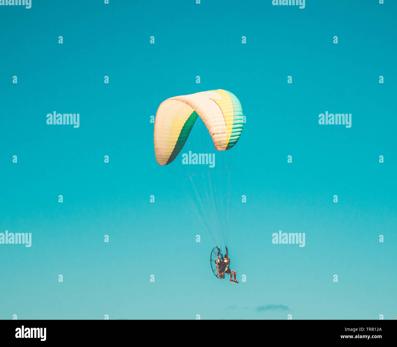 Paragliding in the sky. Paraglider flying over the beach in bright ...
