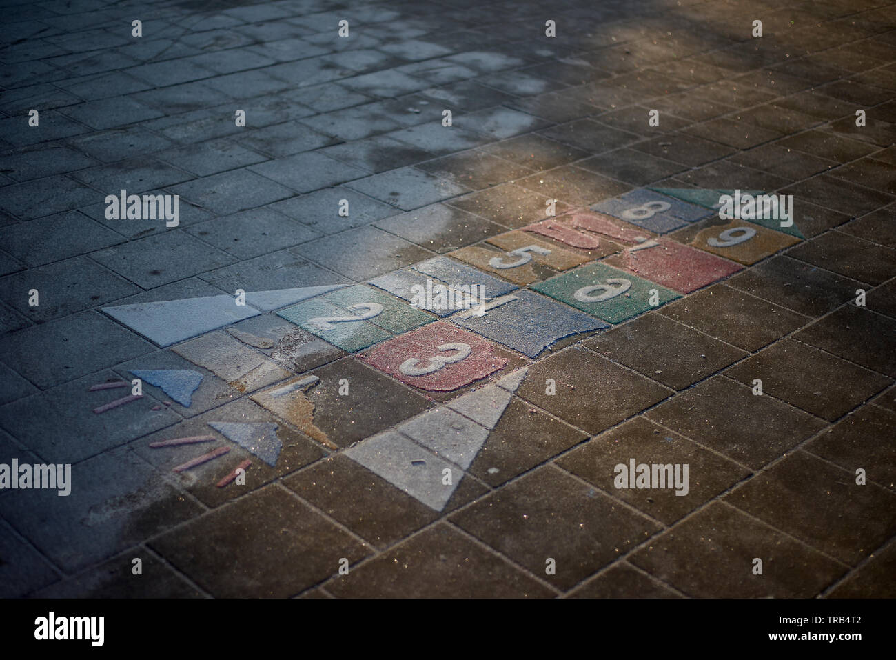 Close up of the pattern of a hopscotch game on the pavement at a school ...