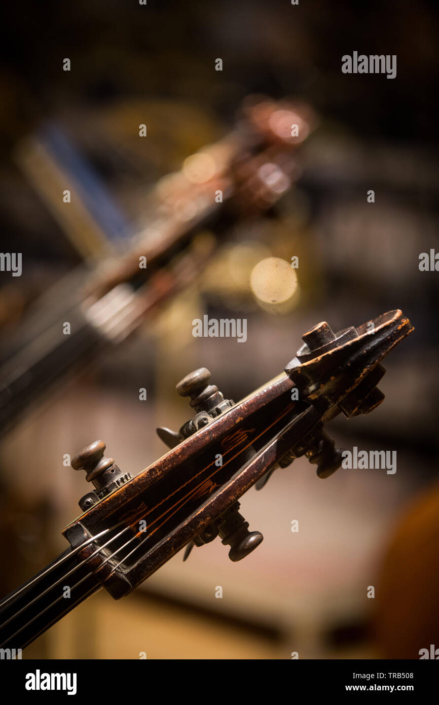 Close up shot of a double bass scroll and tuning pegs Stock Photo - Alamy