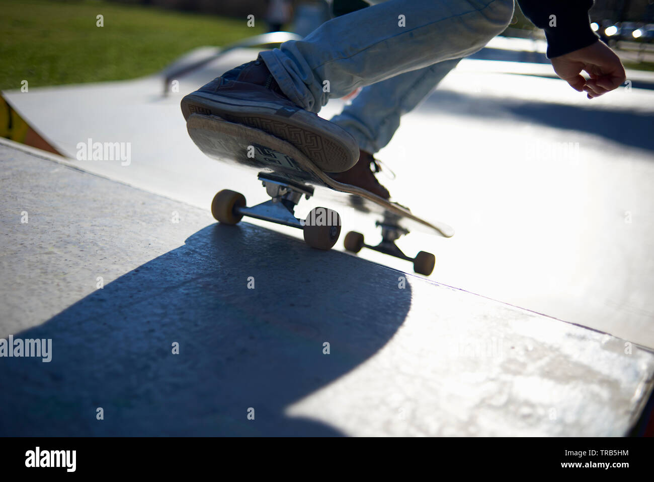 Close up of a young girl on a skateboard going down a ramp in spring ...