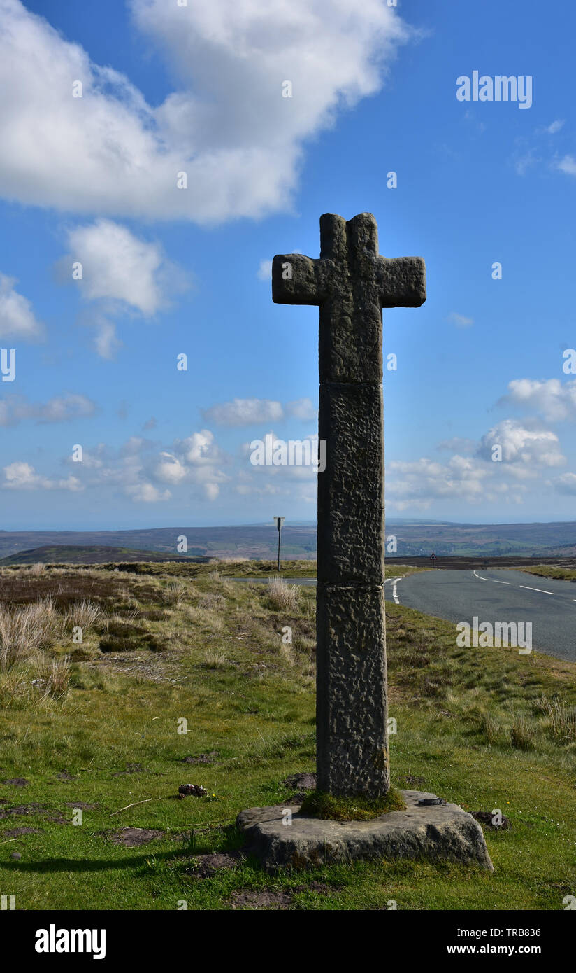 Stone cross waymarker on moorland in North Yorkshire England Stock ...