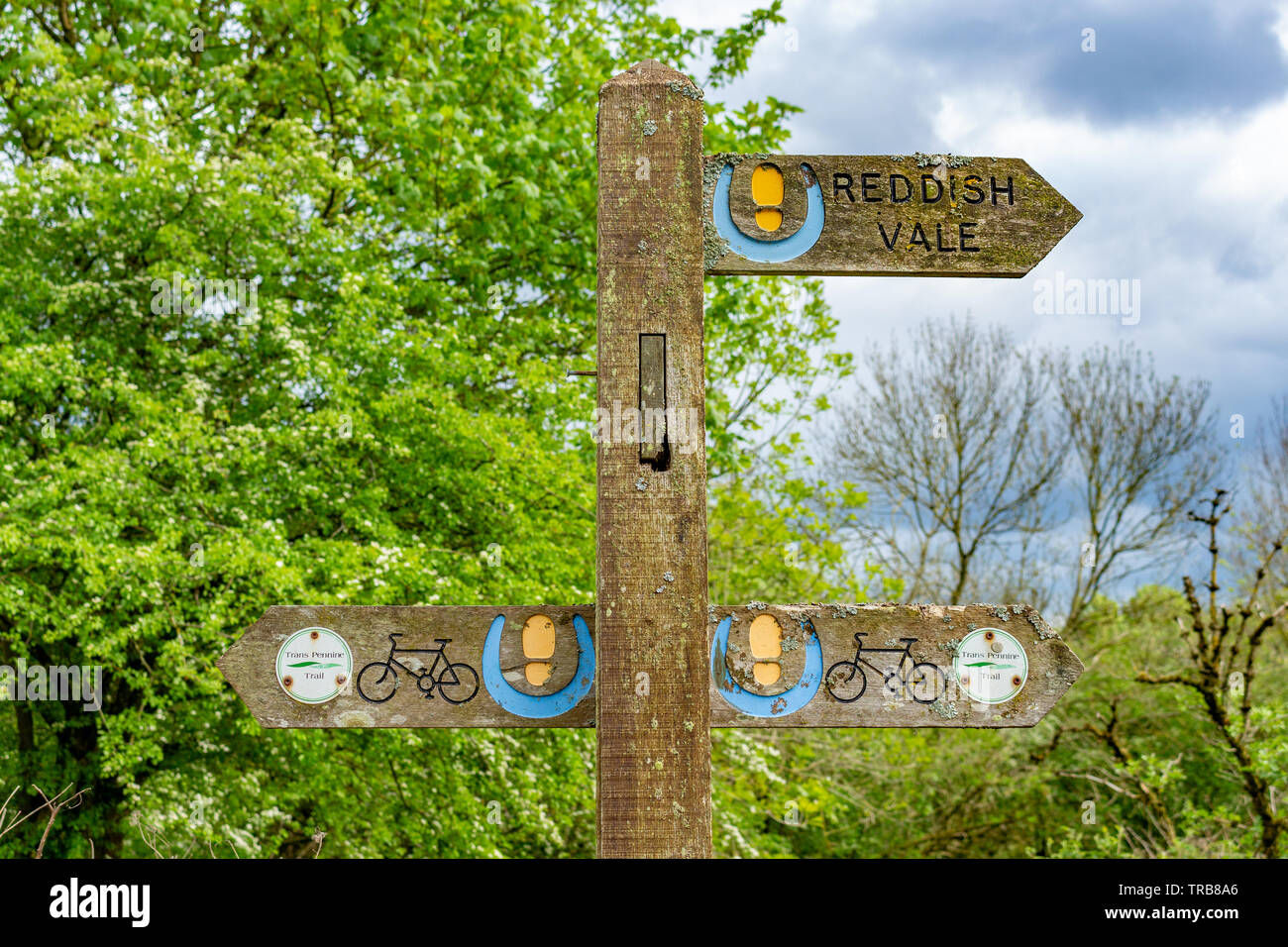 Traditional English wooden public footpath/bridleway/cycleway sign in ...