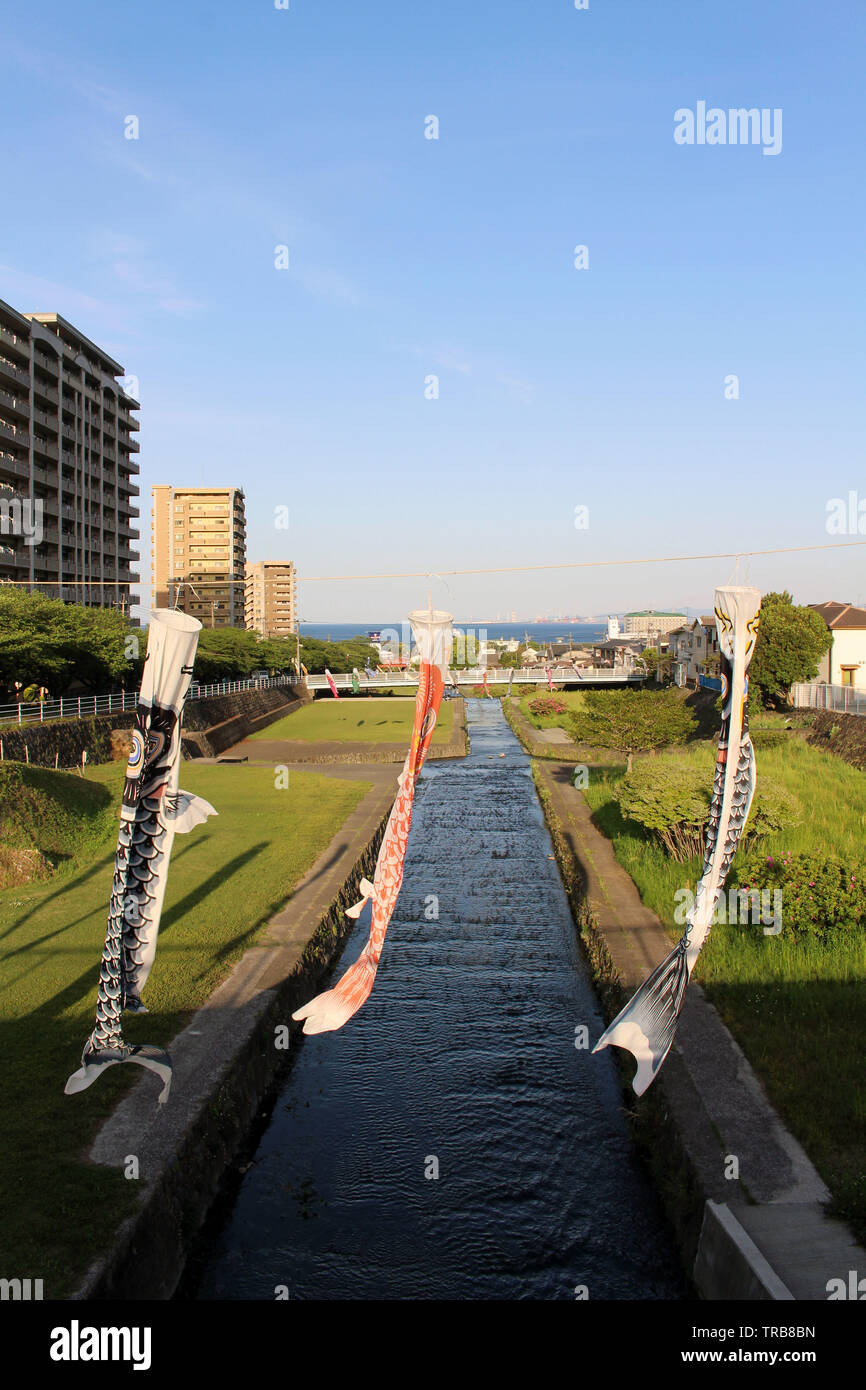Japanese koinobori flying koi carp fish in Beppu during Golden Week ...