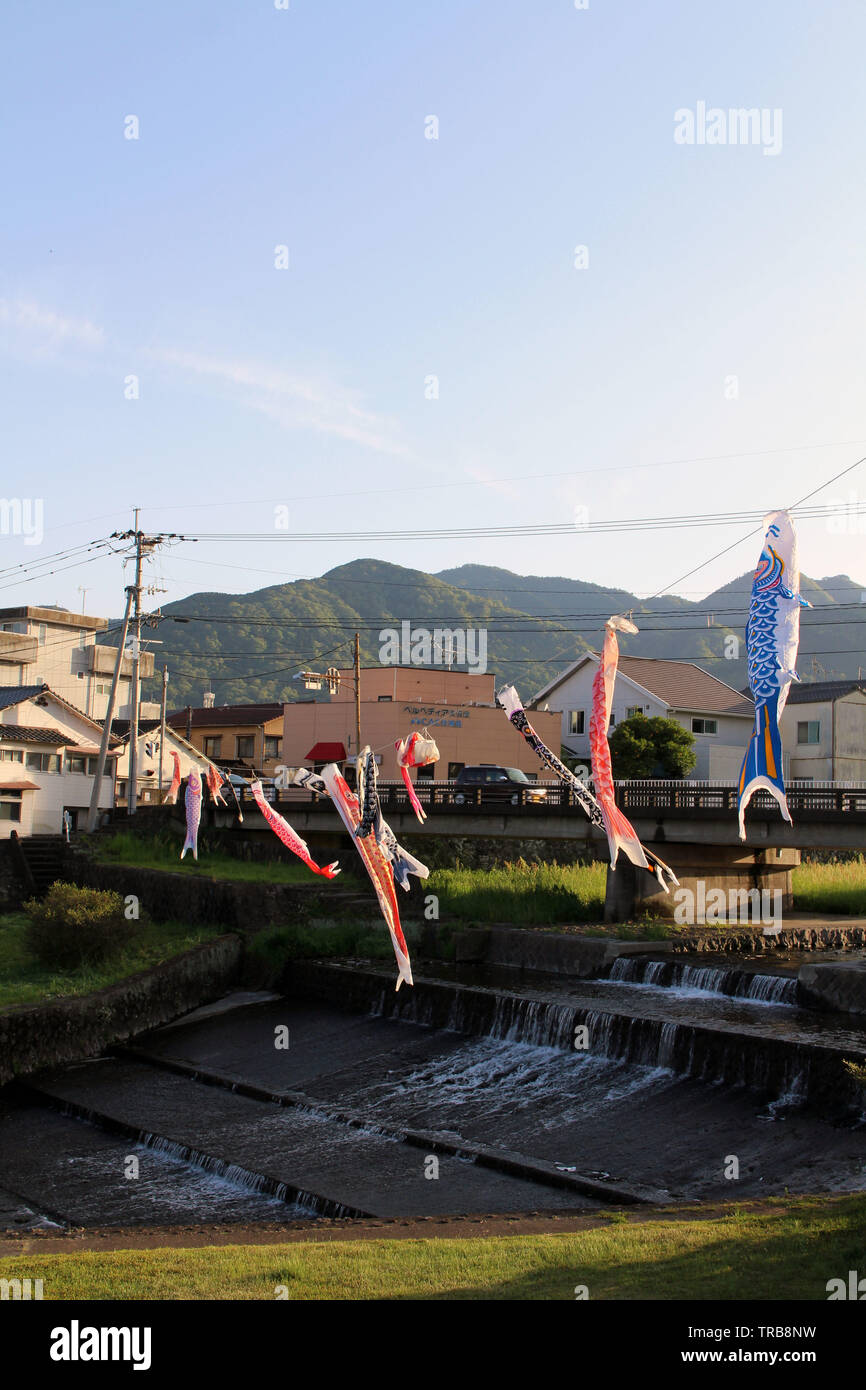 Japanese koinobori flying koi carp fish in Beppu during Golden Week ...