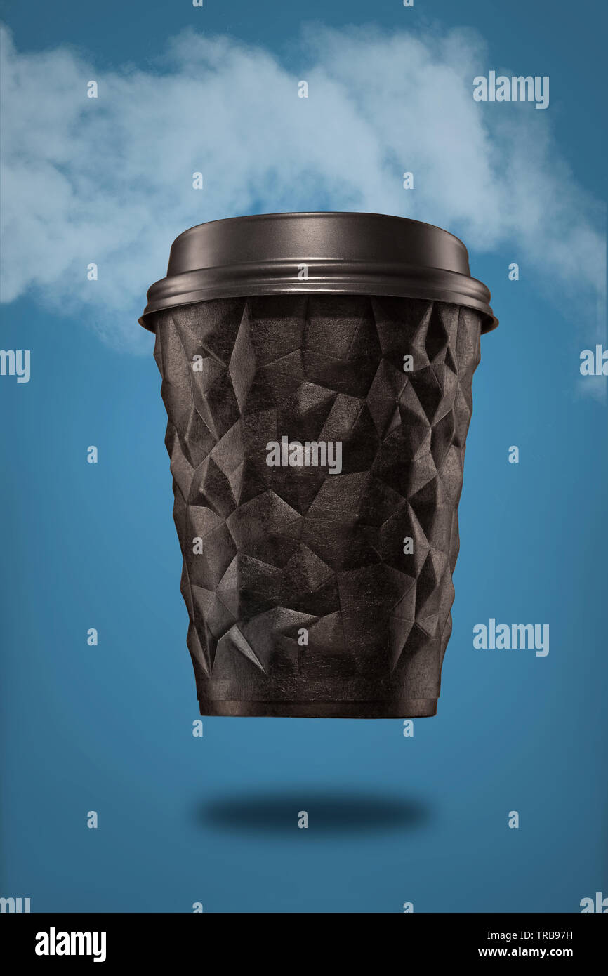 A cup of textured coffee geometry with a lid is black on a blue ...