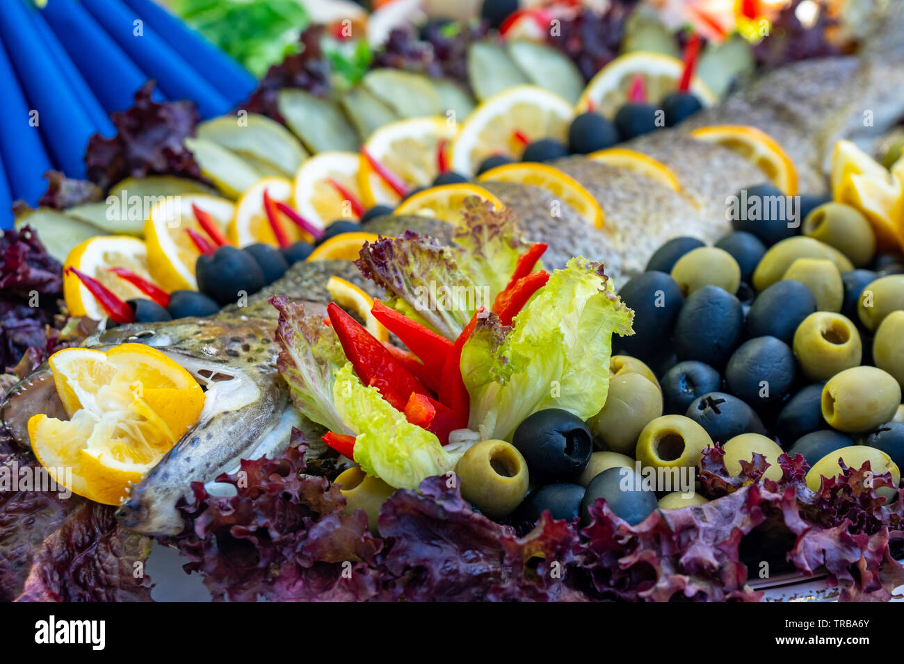 Grilled trout, carp and mullet. Juicy delicacy fish on a plate with a ...