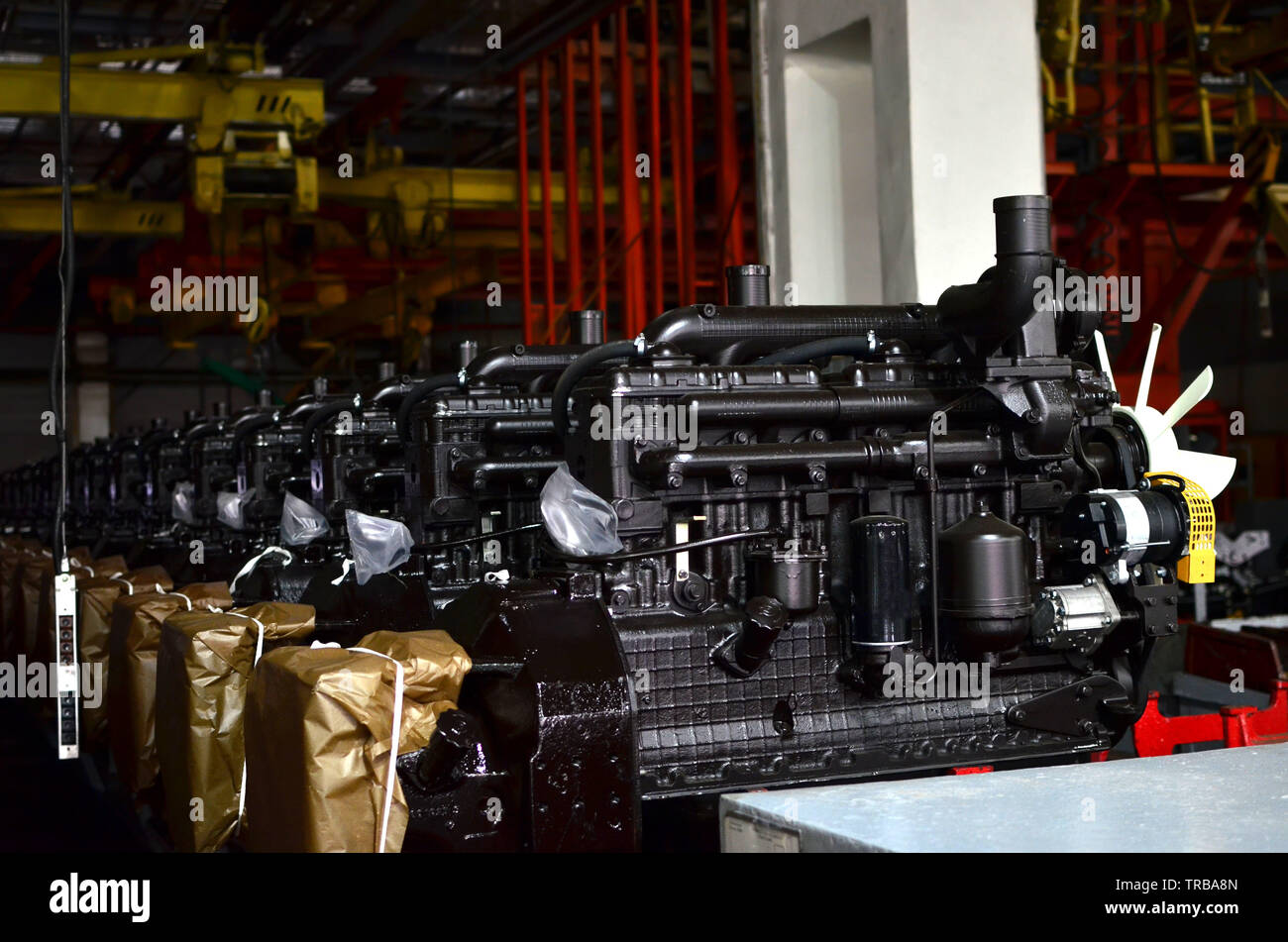 New engines for trucks and tractors on an industrial factory assembly ...