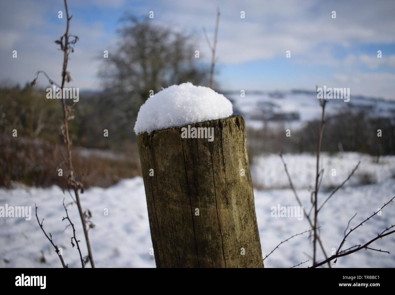 Fresh snow on a fence post Stock Photo - Alamy