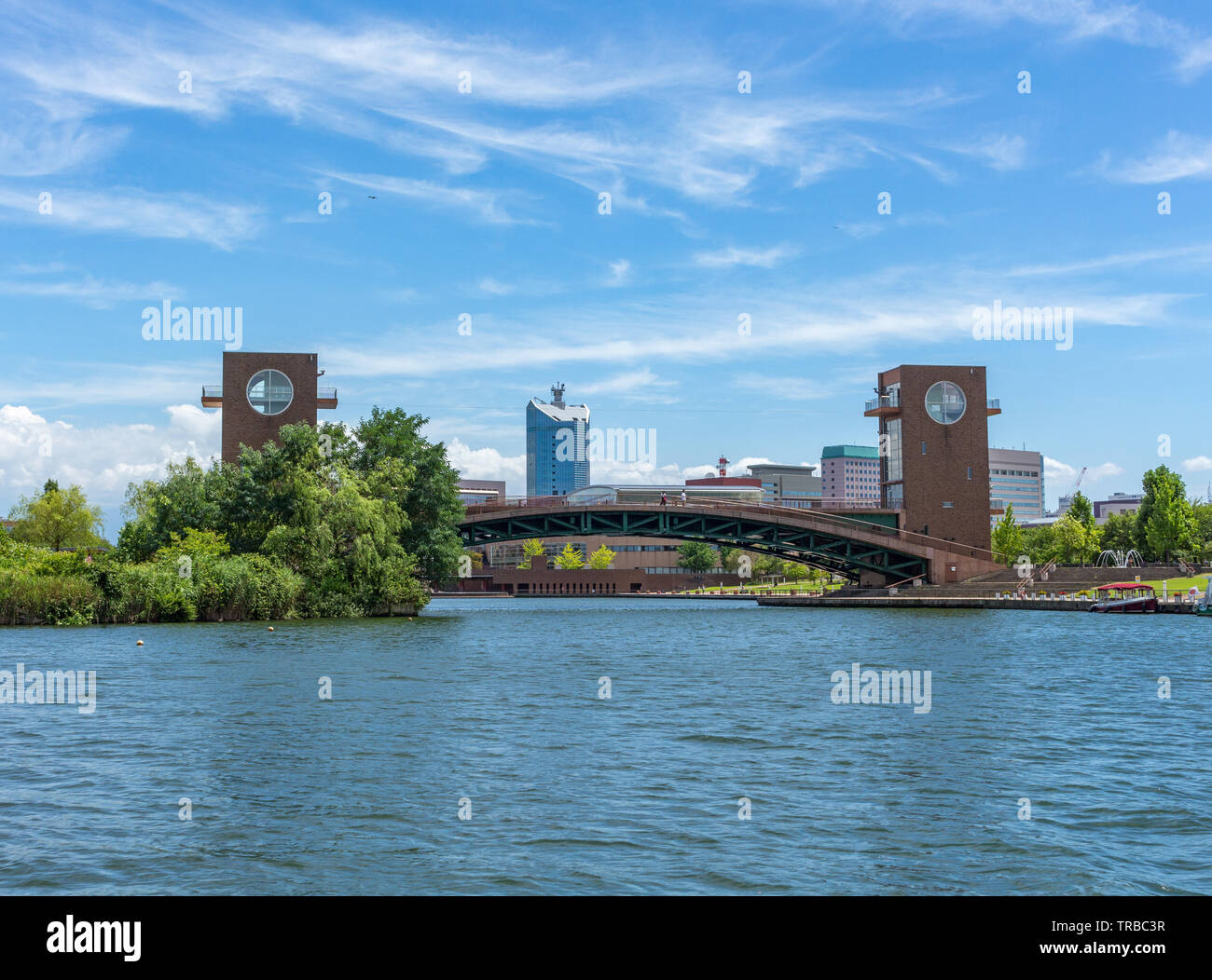 View of Tenmon Bashi bridge and Kansui Park, Toyama, Japan Stock Photo ...