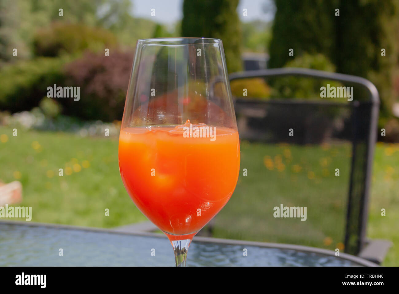The cocktail glass on a garden table on a green grass lawn background ...