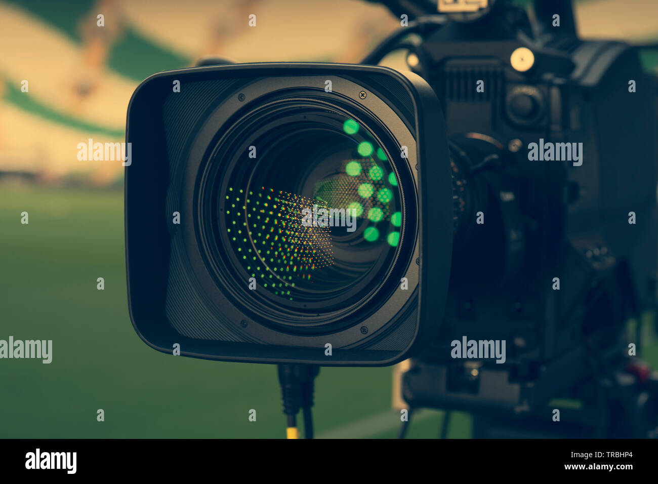 Close-up picture of a professional tv camera before broadcasting Stock ...
