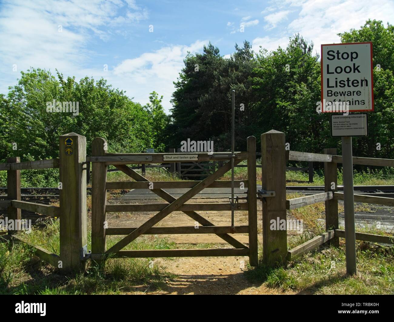 Stop Look Listen sign on foot crossing over Felixstowe Branch line to ...