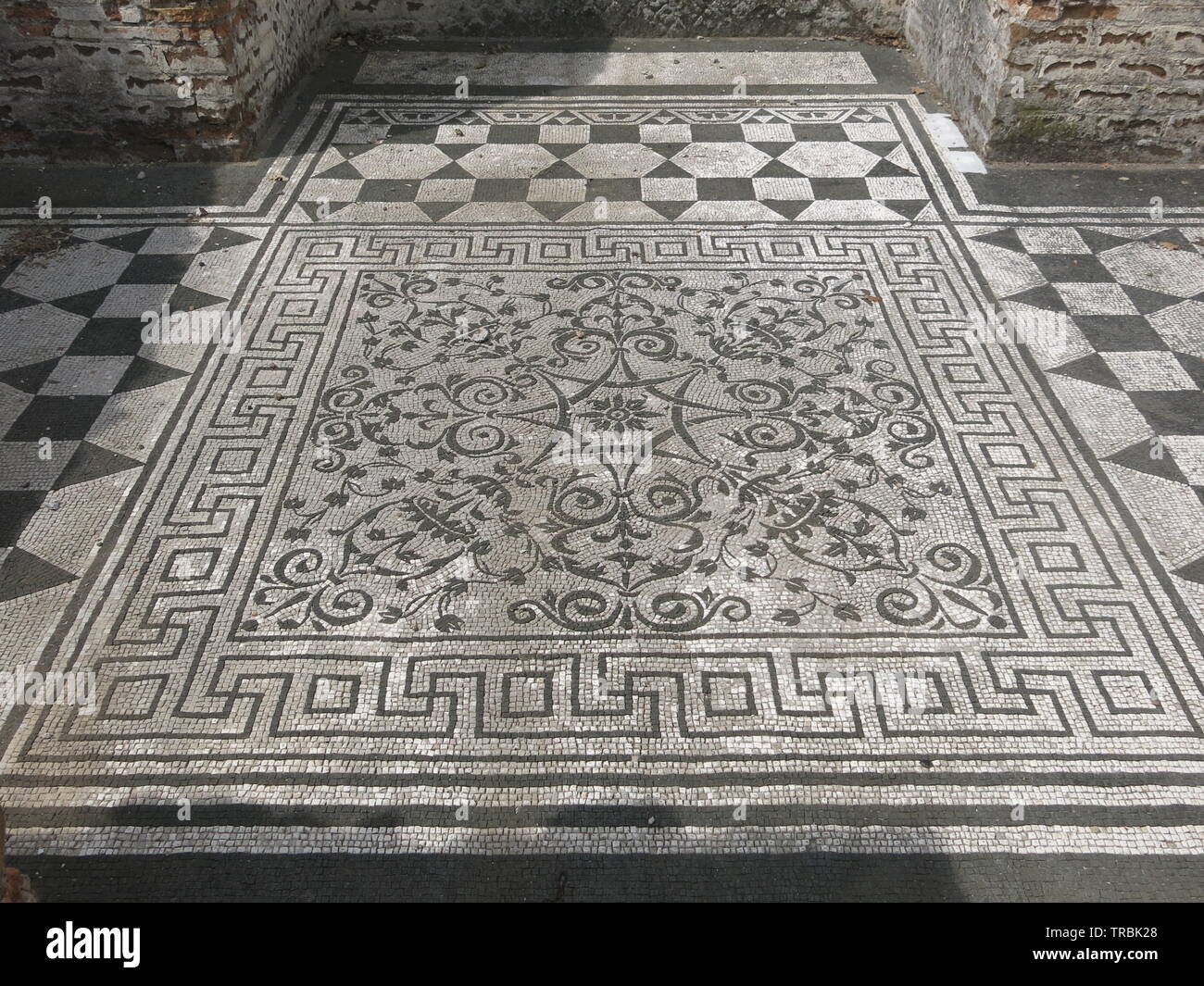 Close-up of an intricate, patterned Roman mosaic floor restored at ...