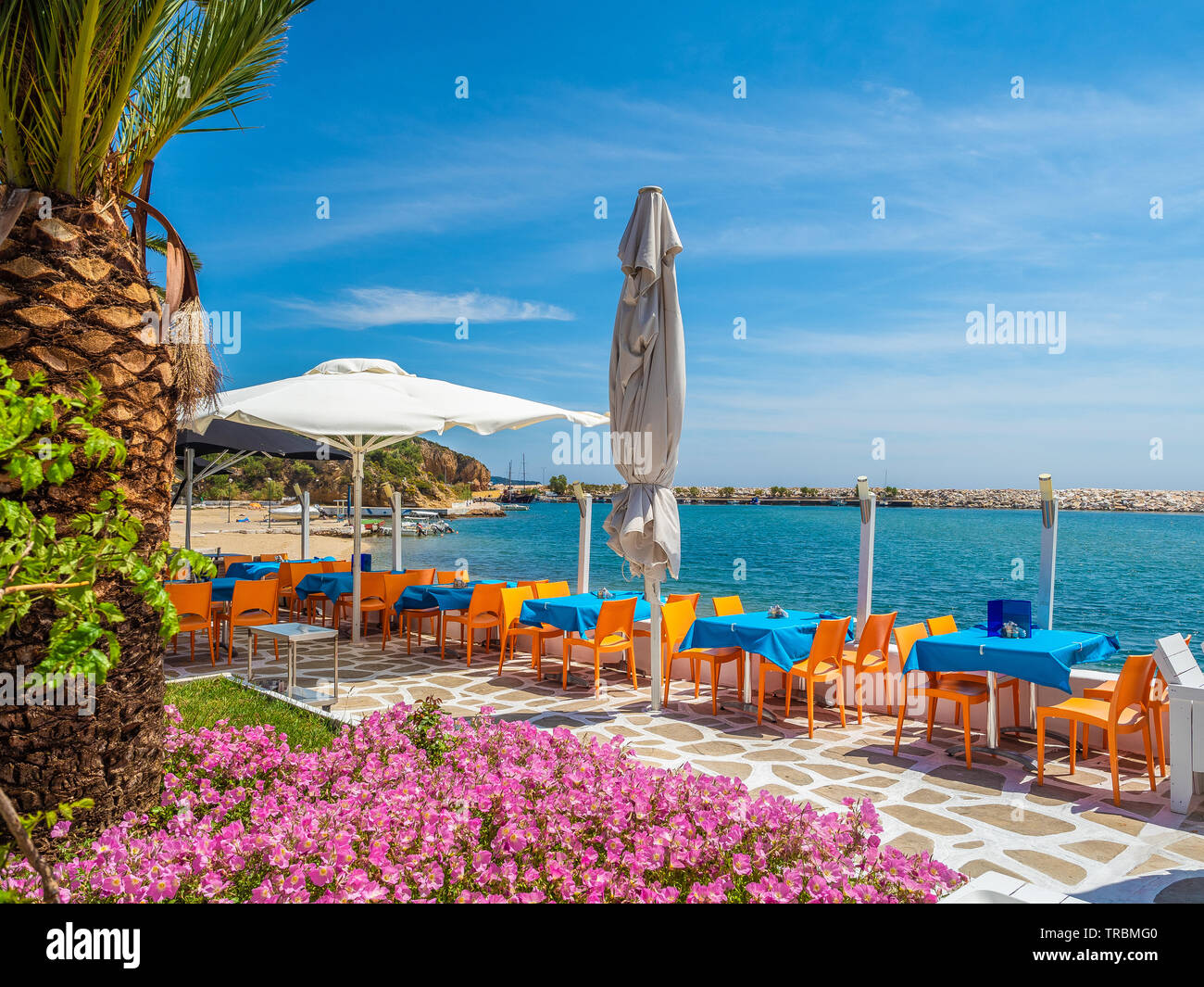 Tables with chairs in traditional Greek tavern near the sea Stock Photo ...
