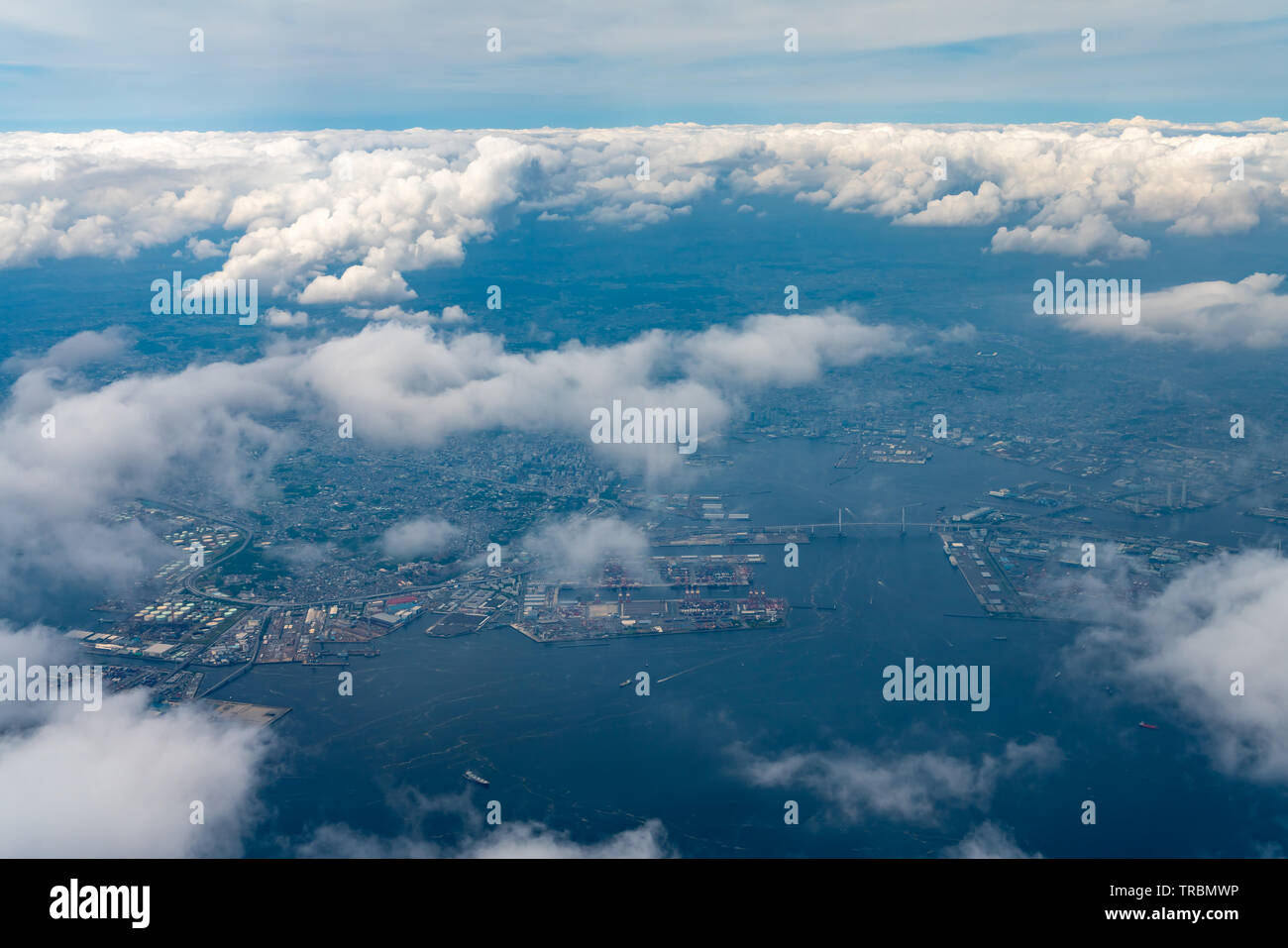 Aerial view of Tokyo Bay around the Yokohama Bay Bridge in Tokyo, Japan ...