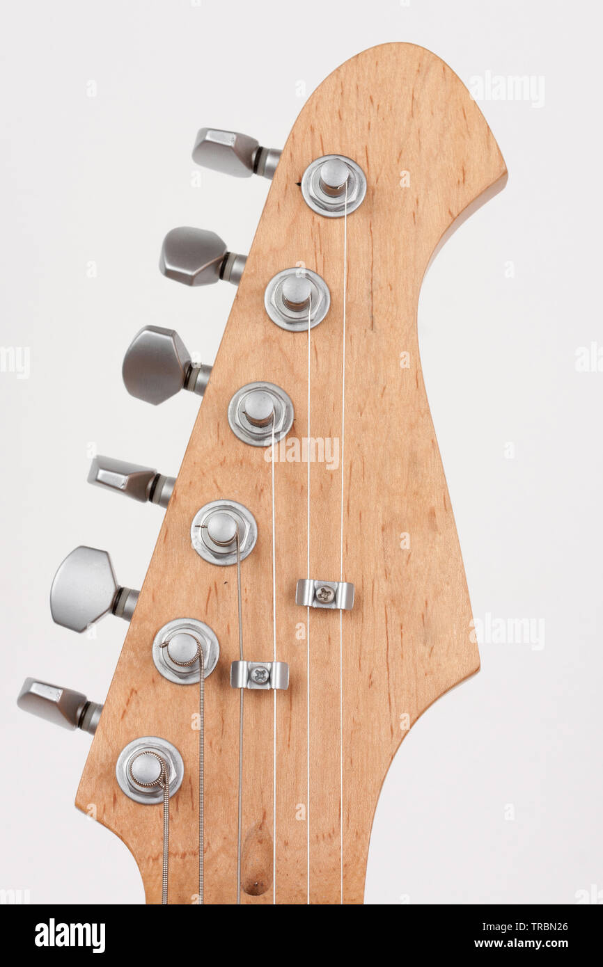 Close up of lightweight chrome tuning machines on neck of electric ...