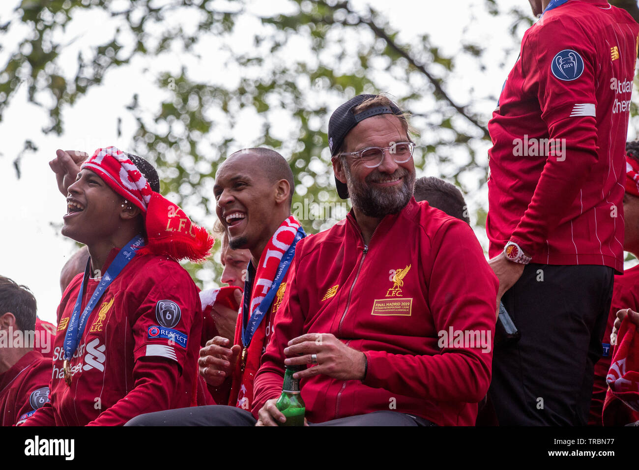 The players and management of Liverpool Football Club seen on an open ...