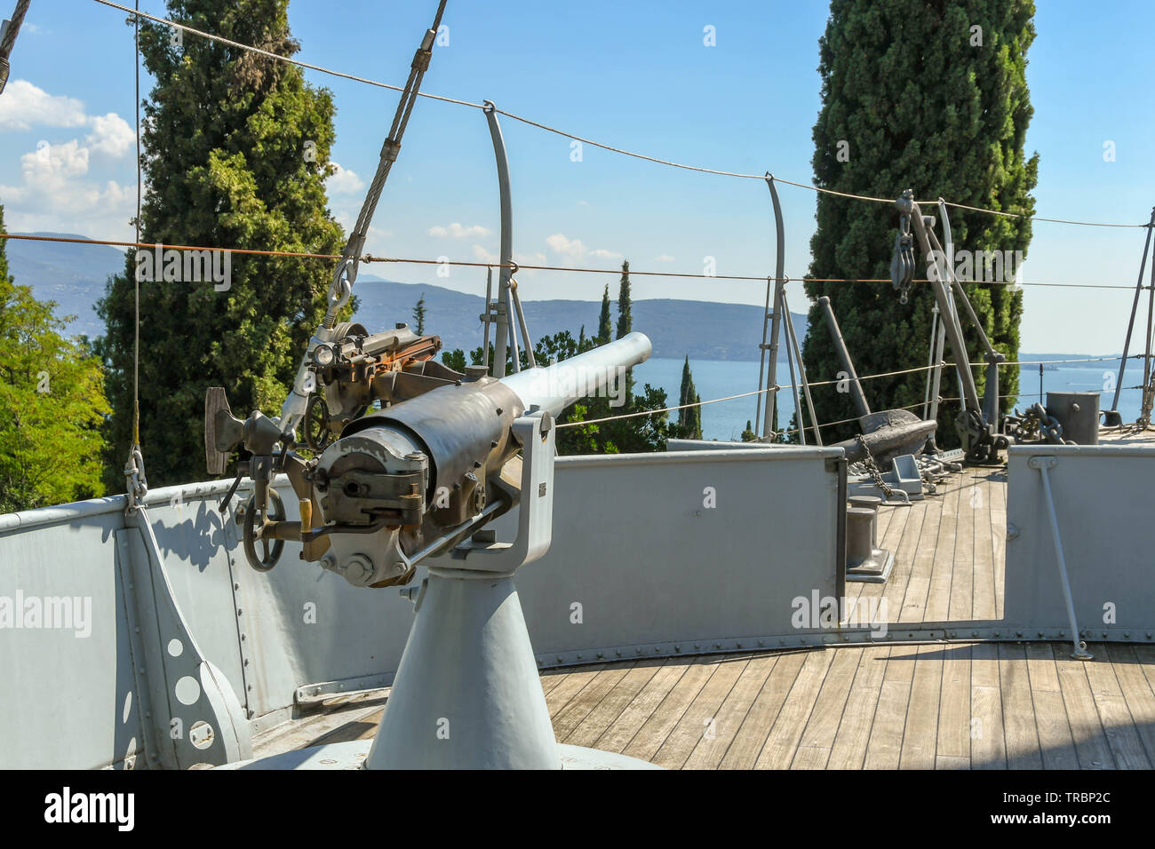 GARDONE RIVIERA, ITALY - SEPTEMBER 2018: Old gun on the deck of the ...