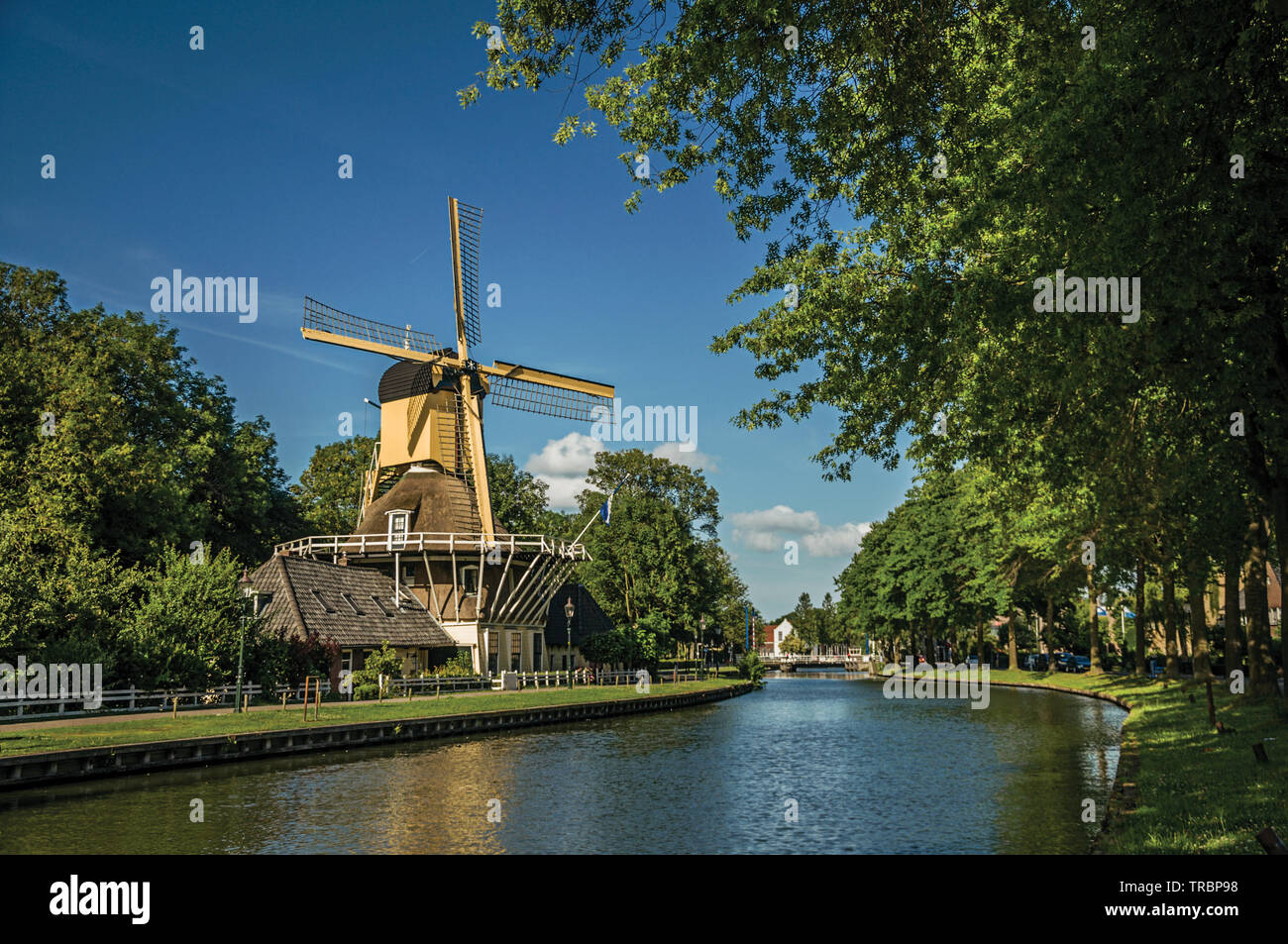 House and wooden yellow windmill next to wide tree-lined canal on ...