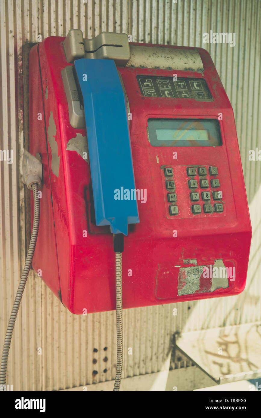 Old red push-button telephone Stock Photo - Alamy