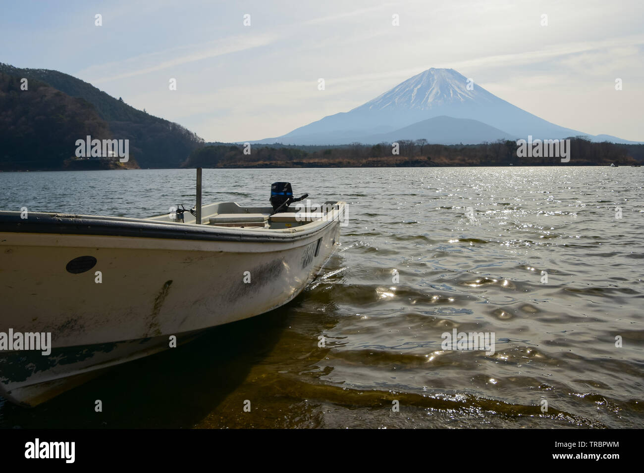 Mount Fuji and a boat by Lake Shoji, Japan Stock Photo - Alamy