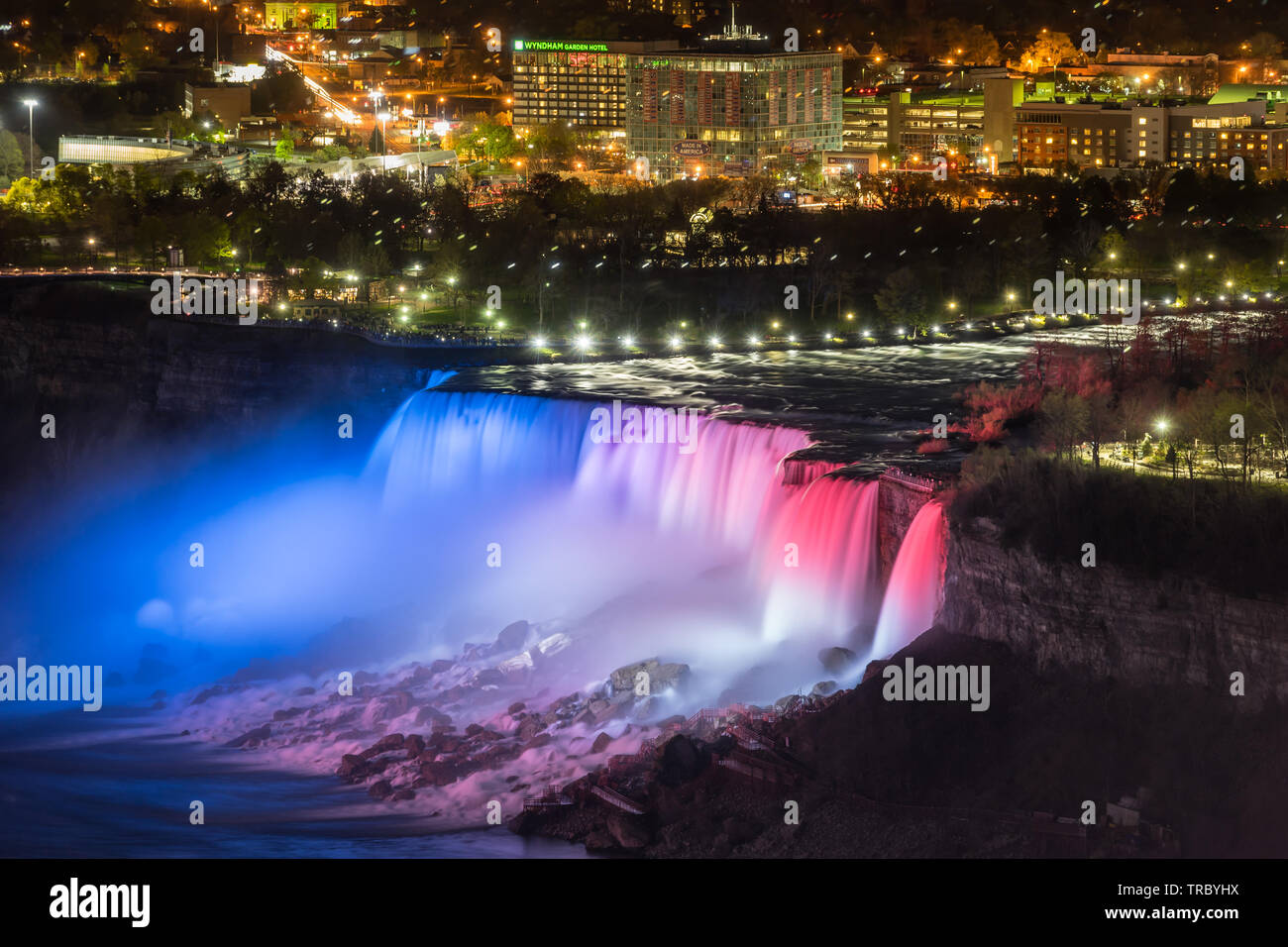 Niagara Falls, Canada - May 18-2019. Red, blue lights illuminates the ...